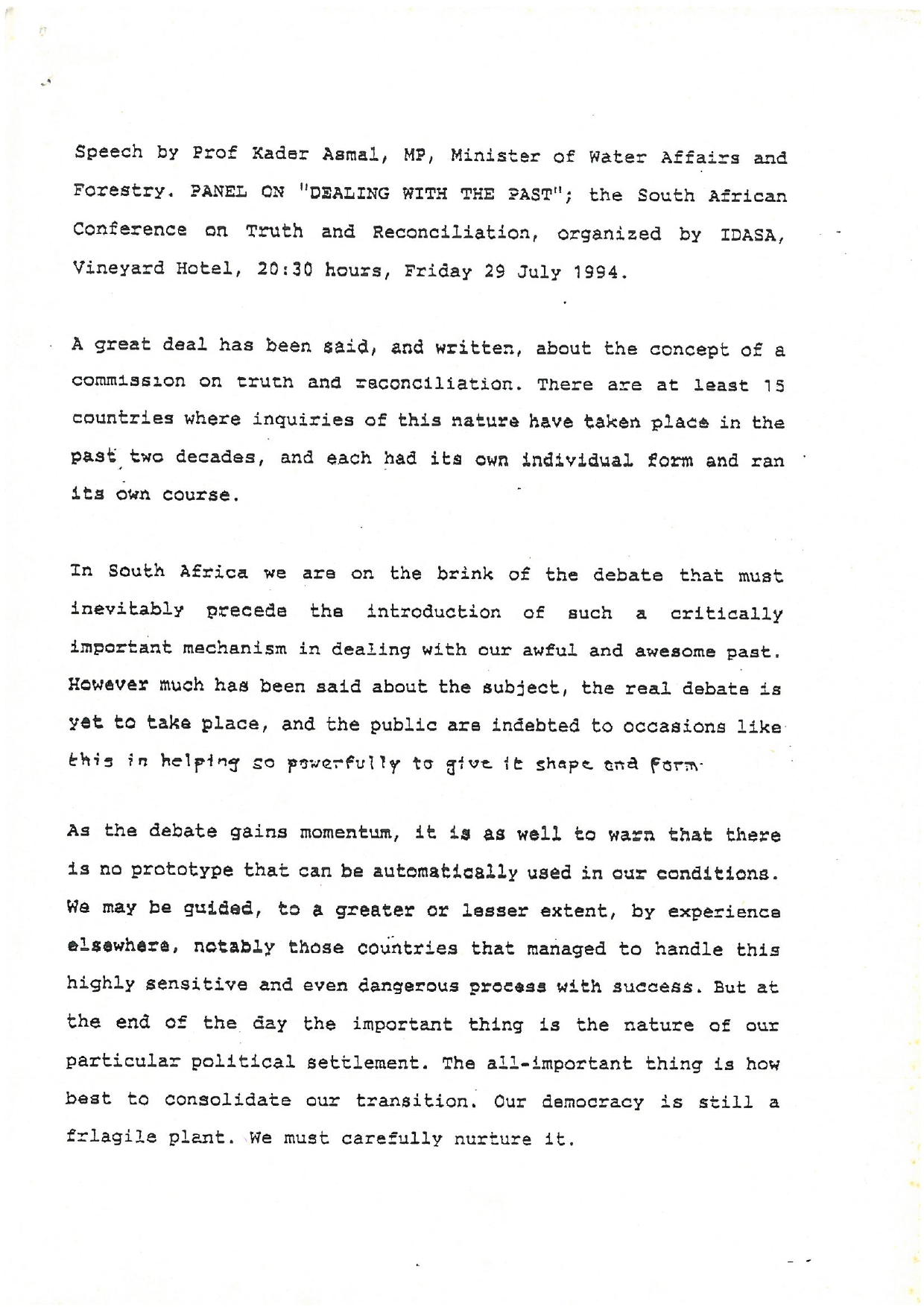 Speech: Panel on 'Dealing with the Past' — Dullah Omar Institute