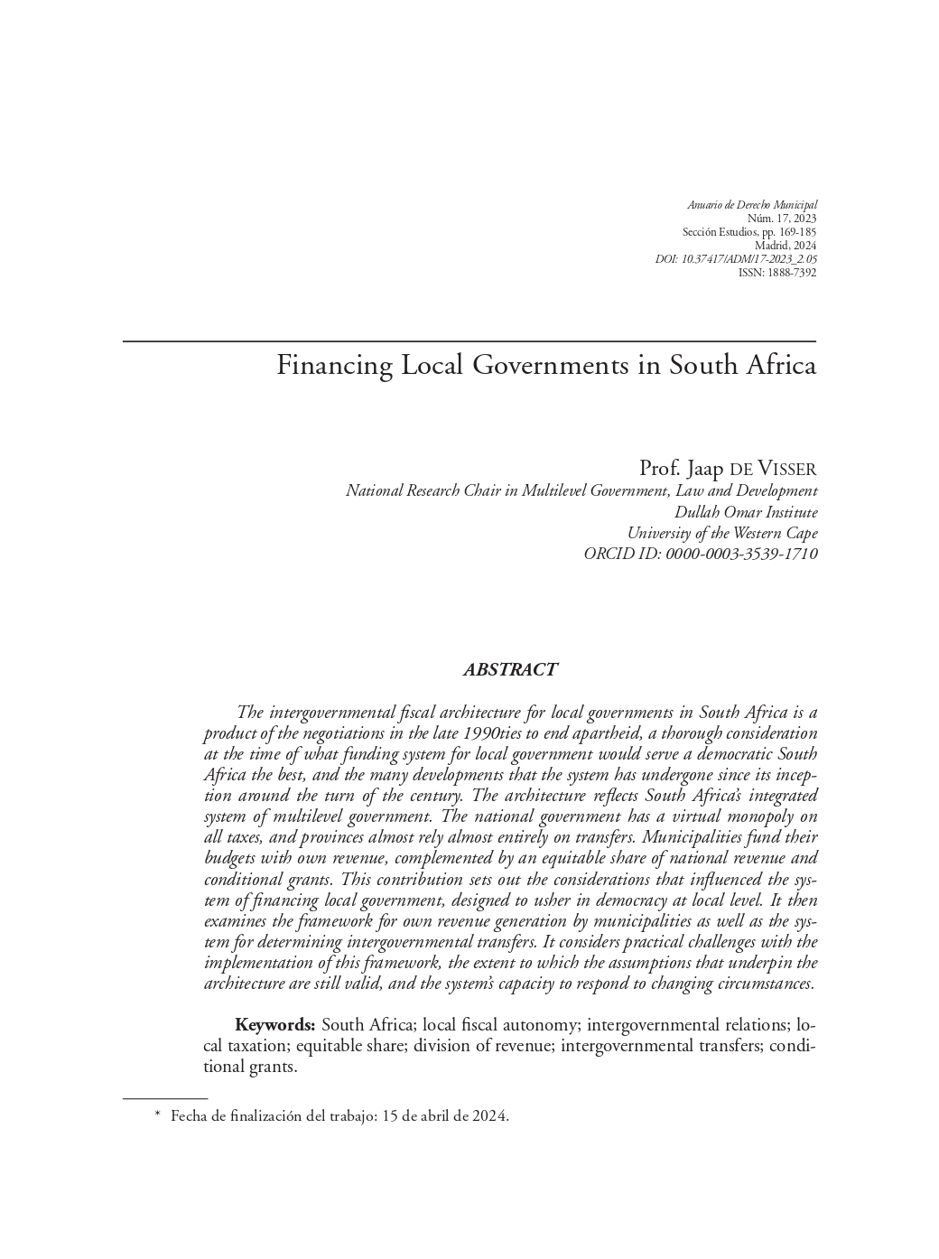 Journal Article: ‘Financing Local Governments in South Africa ...