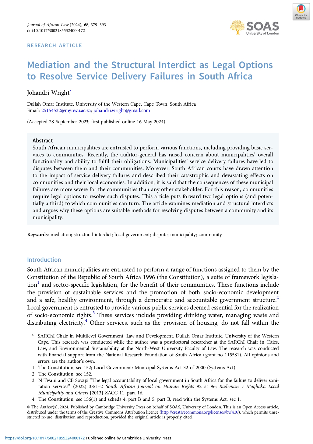 Journal Article: 'Mediation and the structural interdict as legal ...
