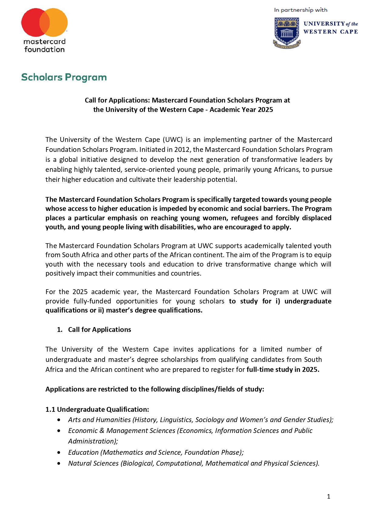 Call for Applications for Mastercard Foundation Scholars Programme ...