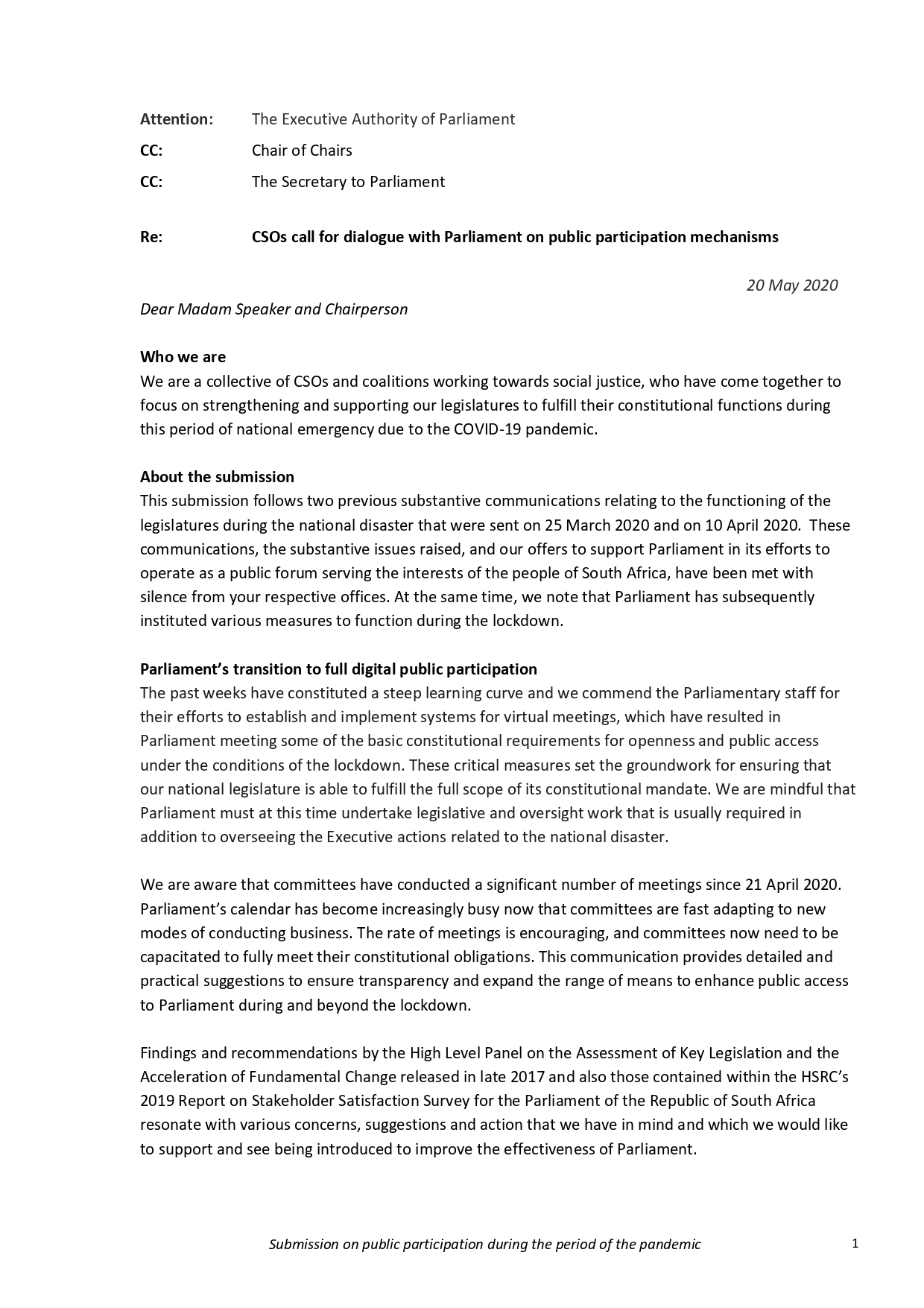 Submission to Parliament: Virtual public participation and ...